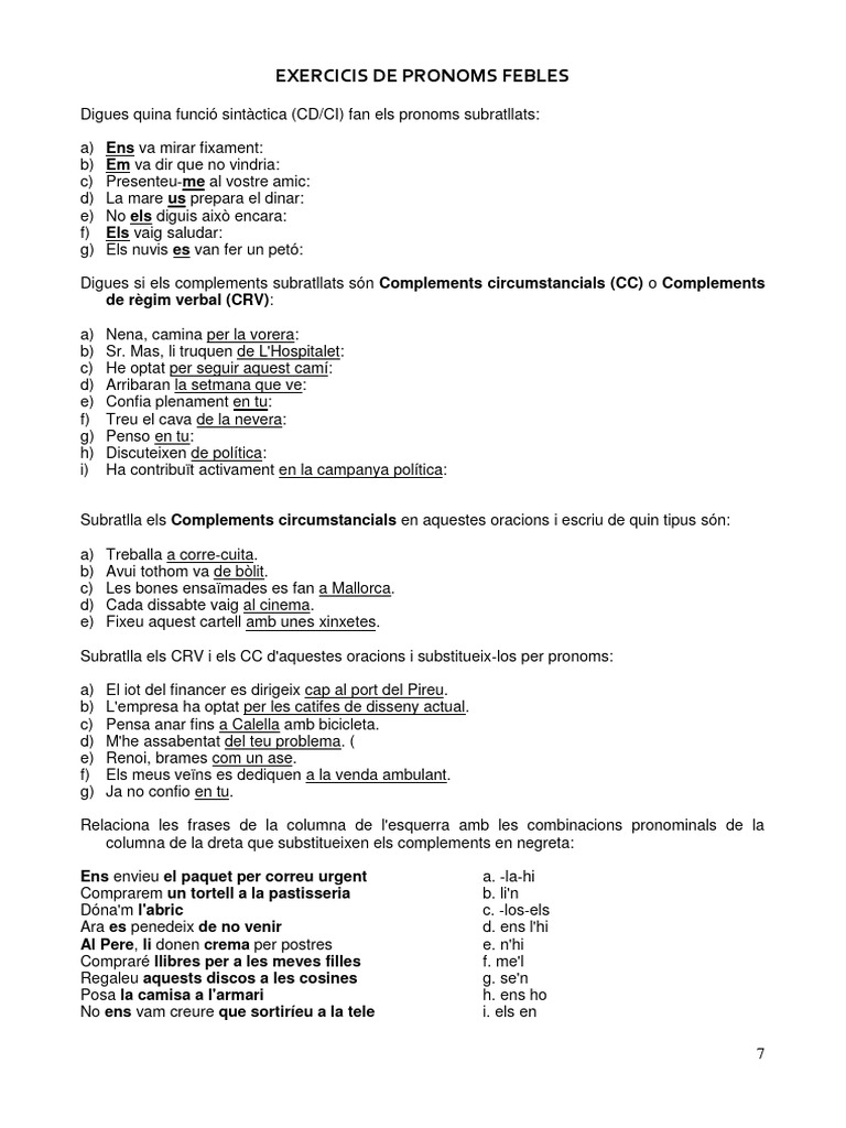 Més Exercicis de FUNCIÓ SINTÀCTICA + PRONOM FEBLE | PDF