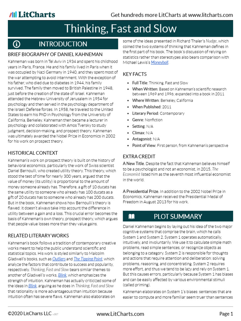 Thinking Fast and Slow LitChart | PDF | Behavioral Economics ...