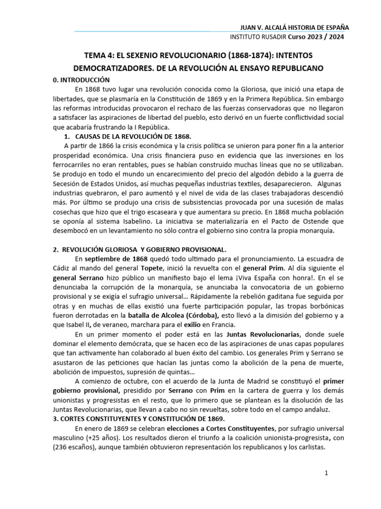 Tema 4. El Sexenio Revolucionario (1868-1874) - Intentos Democratizadores. de La Revolución Al ...