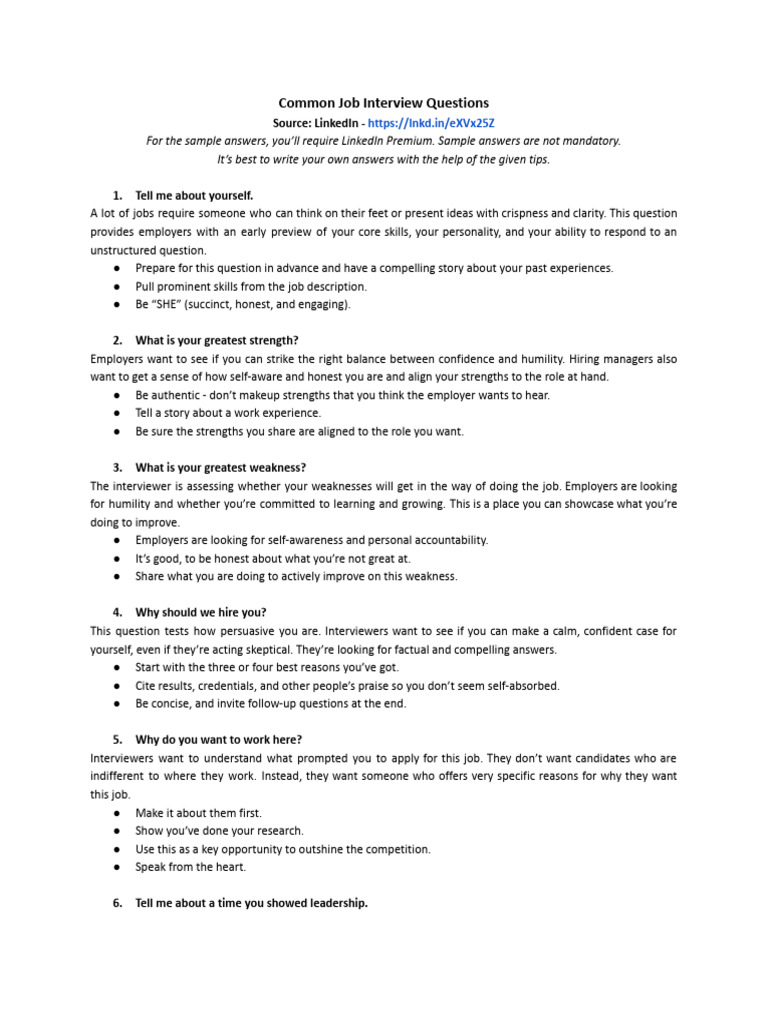 Common Job Interview Questions | PDF | Job Interview | Leadership