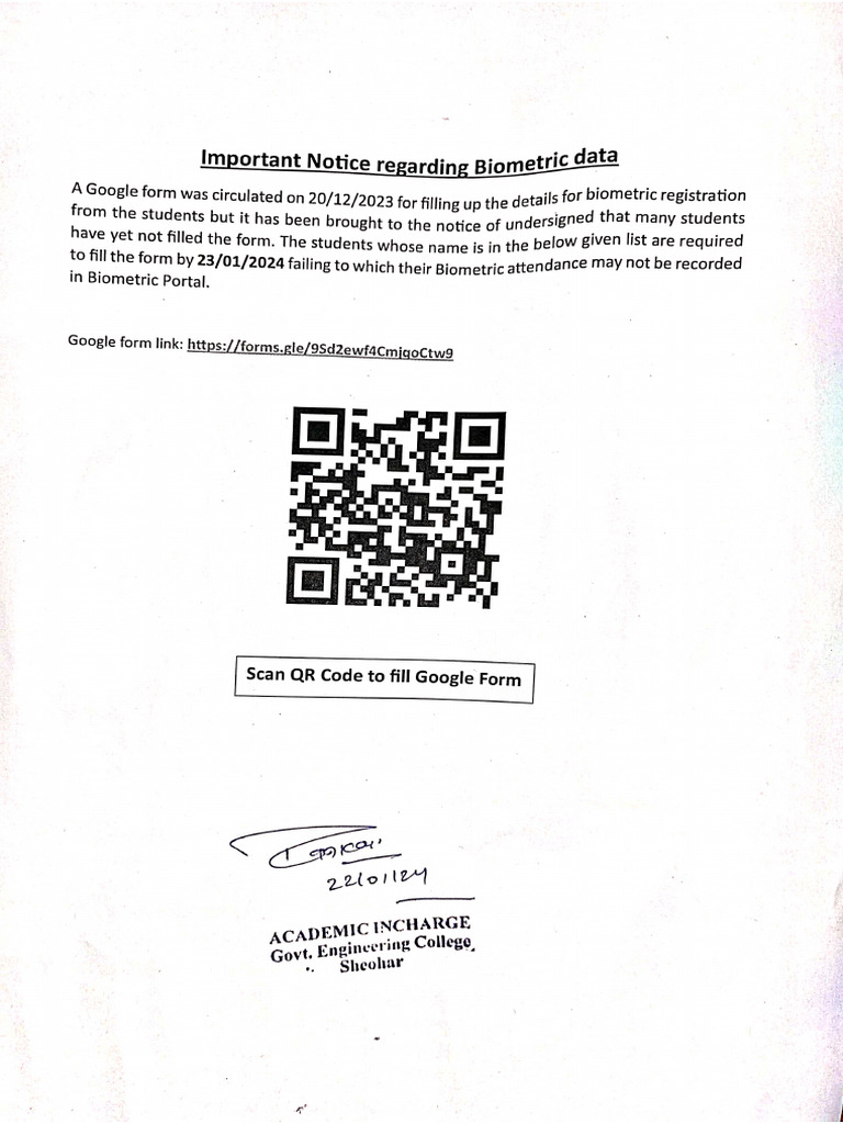 Notice Regarding Students Biometric | PDF