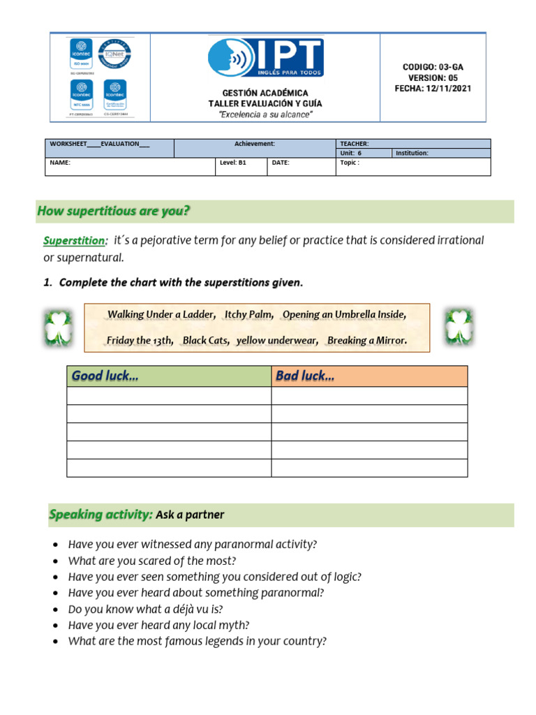 Unit 6 B1 Supertitions | PDF | Superstitions | Folklore