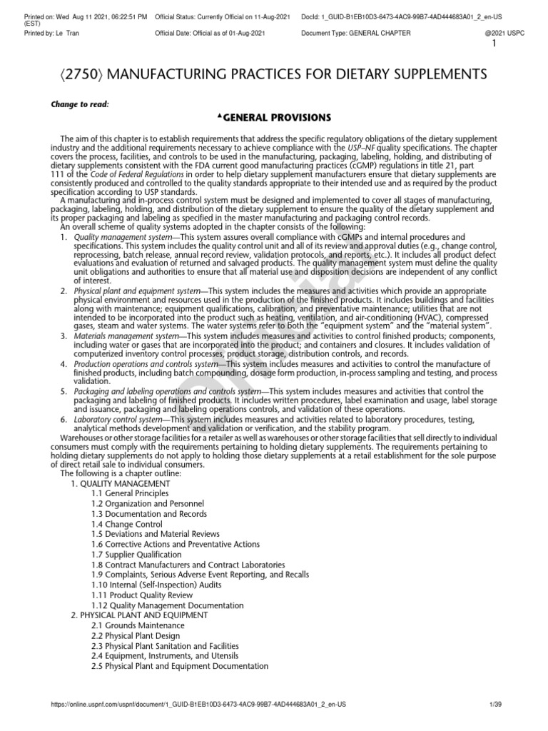 〈2750〉 MANUFACTURING PRACTICES FOR DIETARY SUPPLEMENTS | PDF ...