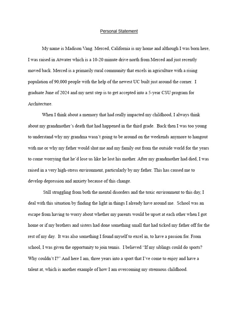 Madison Vang - Personal Statement | PDF | Mental Health | Behavioural ...