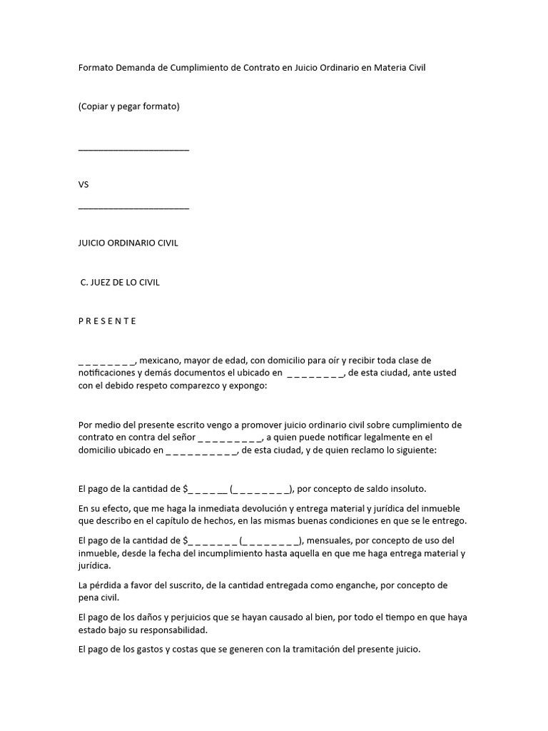 Formato Demanda de Cumplimiento de Contrato en Juicio Ordinario en ...