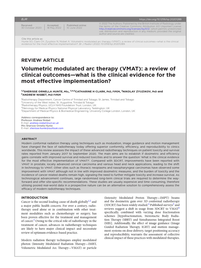 Hunte Et Al 2022 Volumetric Modulated Arc Therapy (Vmat) A Review of ...