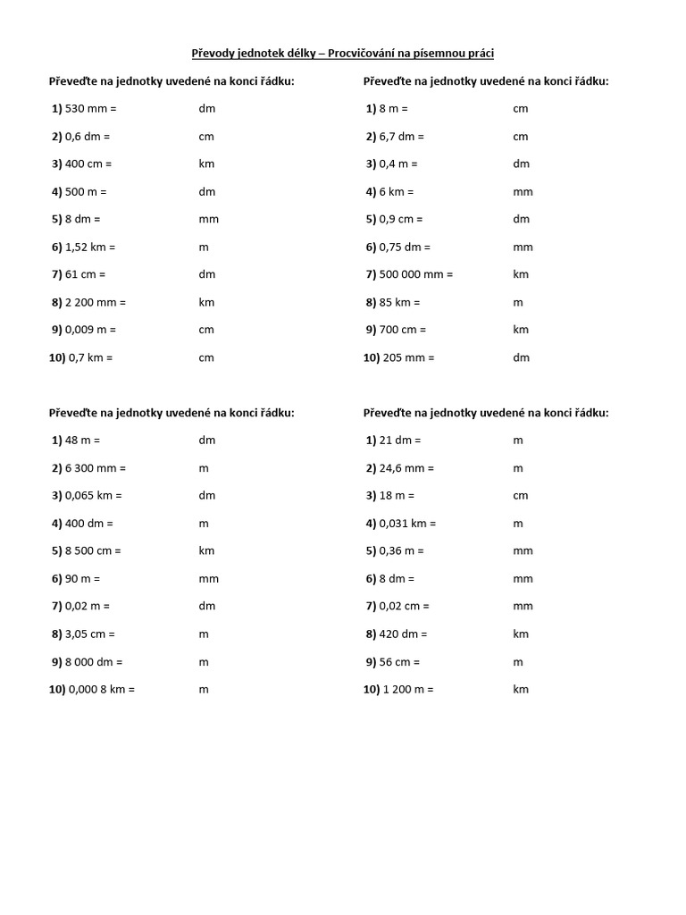 Prevody Jednotek Delky Procvicovani | PDF