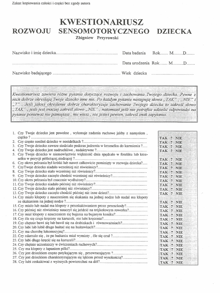Kwestionariusz Rozwoju Sensomotorycznego Dziecka | PDF