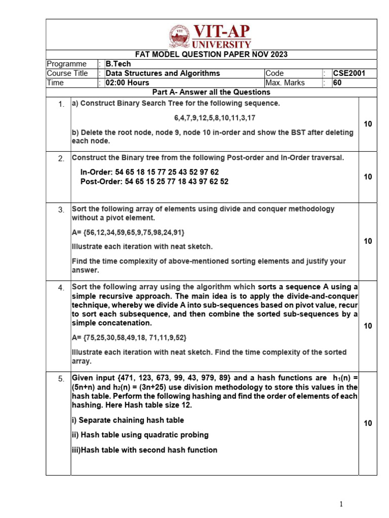 DSA FAT Model Question Paper | PDF | Discrete Mathematics | Computer ...