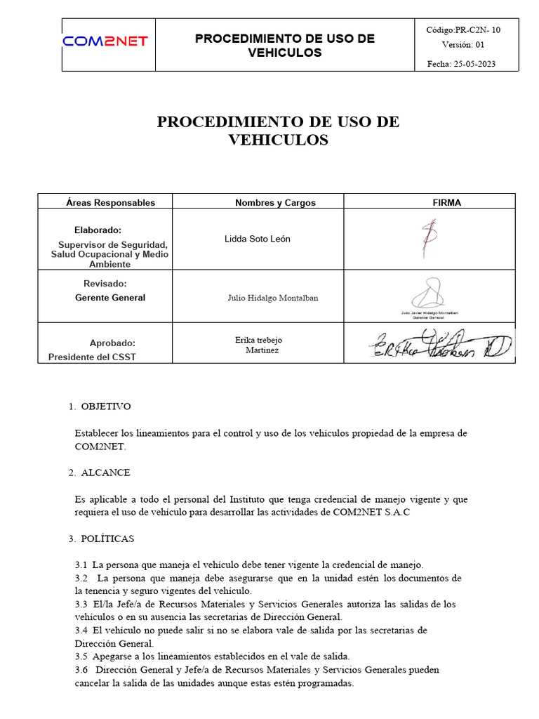 Procedimiento de Uso de Vehiculos | PDF
