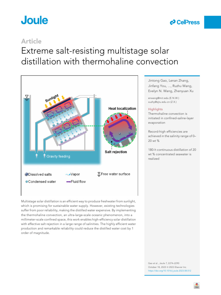 Extreme Salt-Resisting Multistage Solar Distillation With Thermohaline Convection | PDF ...