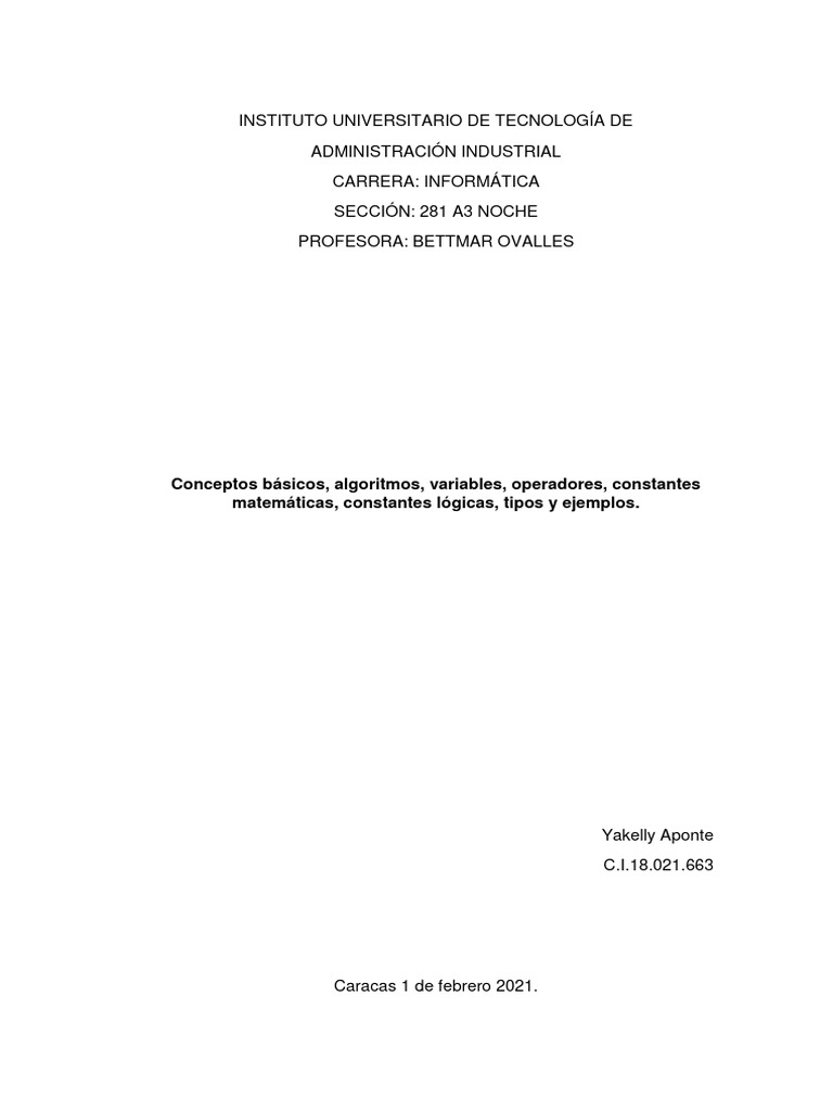 Algoritmos Conceptos Básicos Yakelly Aponte | PDF | Algoritmos | Variable (Matemáticas)