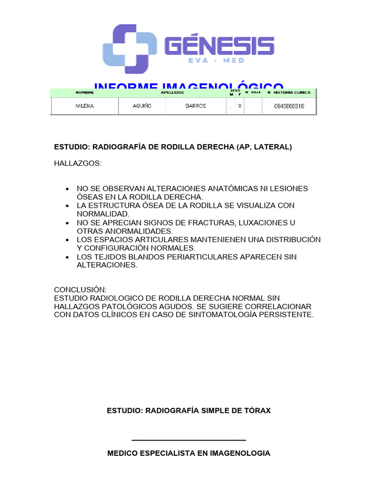 Informe Imagenologico Genesis Rodilla Normal | PDF | La columna ...