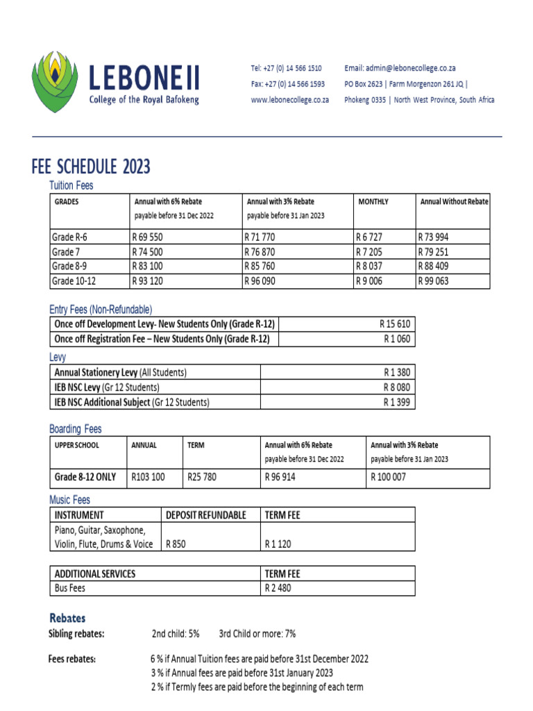 Lebone II College Fee Schedule 2023 | PDF | Payments | Services (Economics)