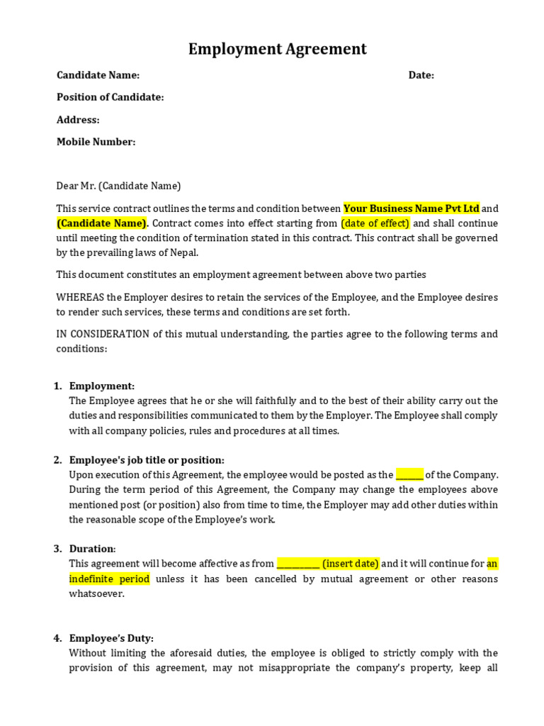 Employment Agreement Sample | PDF | Employment | Marketing