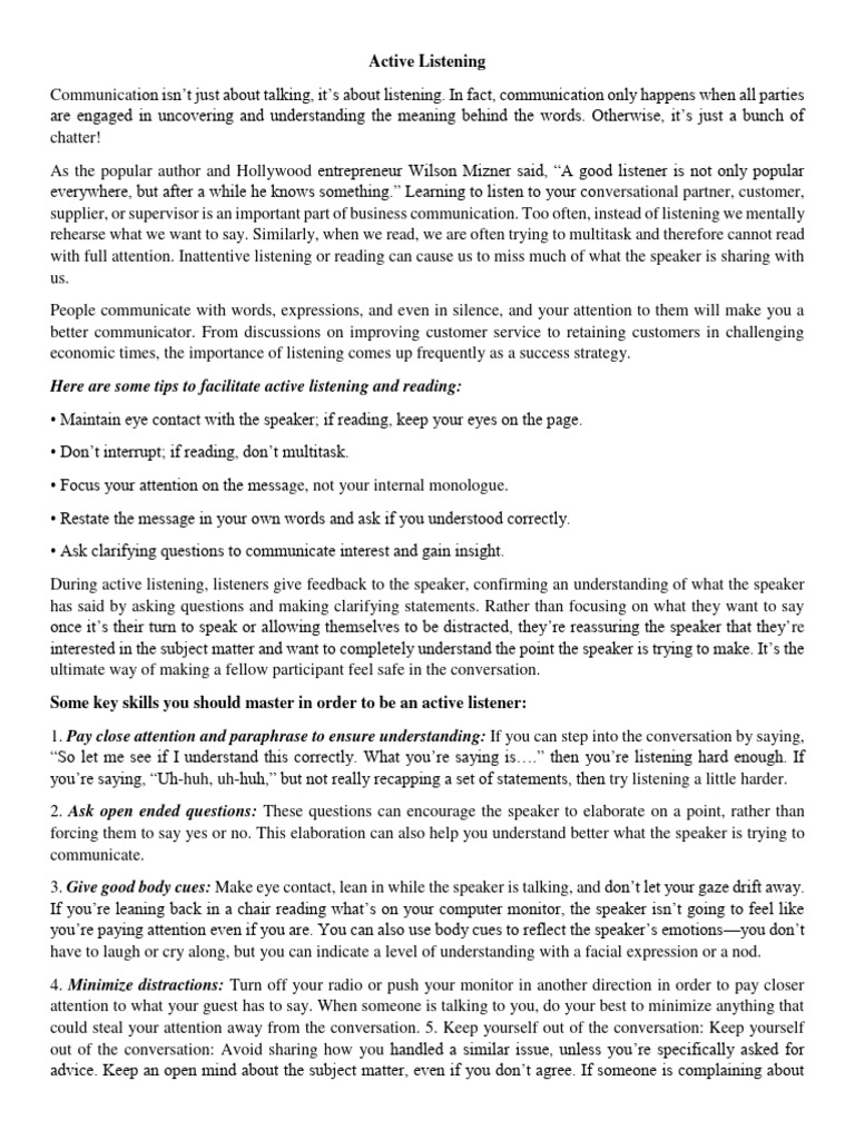 Active Listening | Download Free PDF | Attention | Conversation Active Listening | Download Free PDF | Attention | Conversation