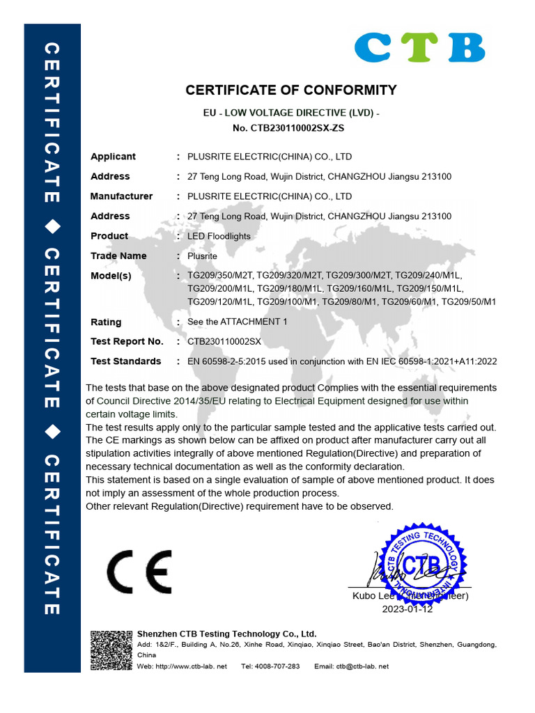 CTB230110002SX - 泛光灯 - EN 60598-2-5 - CE-LVD - 证书 | PDF | Electromagnetism | Electricity