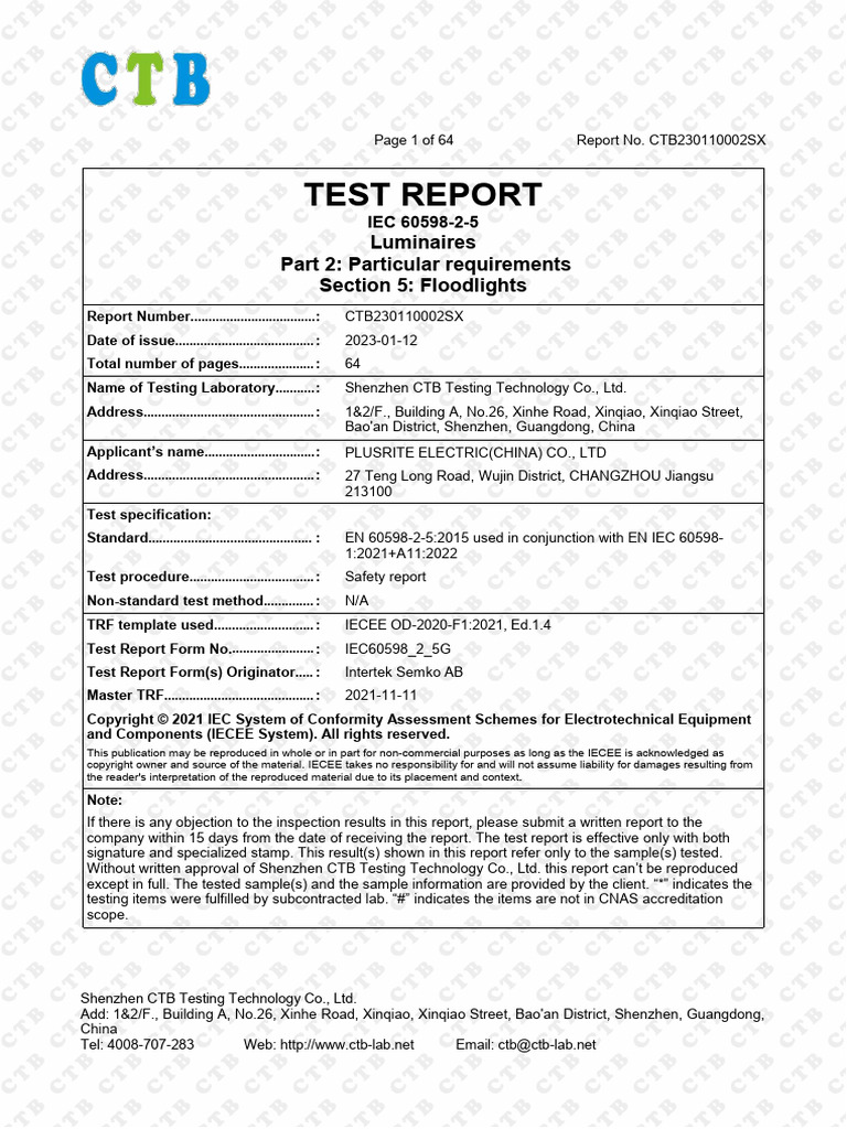 CTB230110002SX - 泛光灯 - EN 60598-2-5 - CE-LVD - 报告 | PDF | Electrical ...
