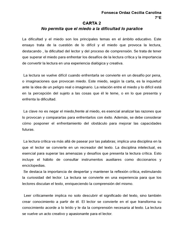 Carta 2 Paulo Freire | PDF | Experiencia | Temor