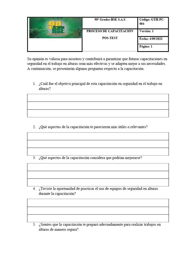 GTH-PC-004 Formato de Pos - Test | PDF