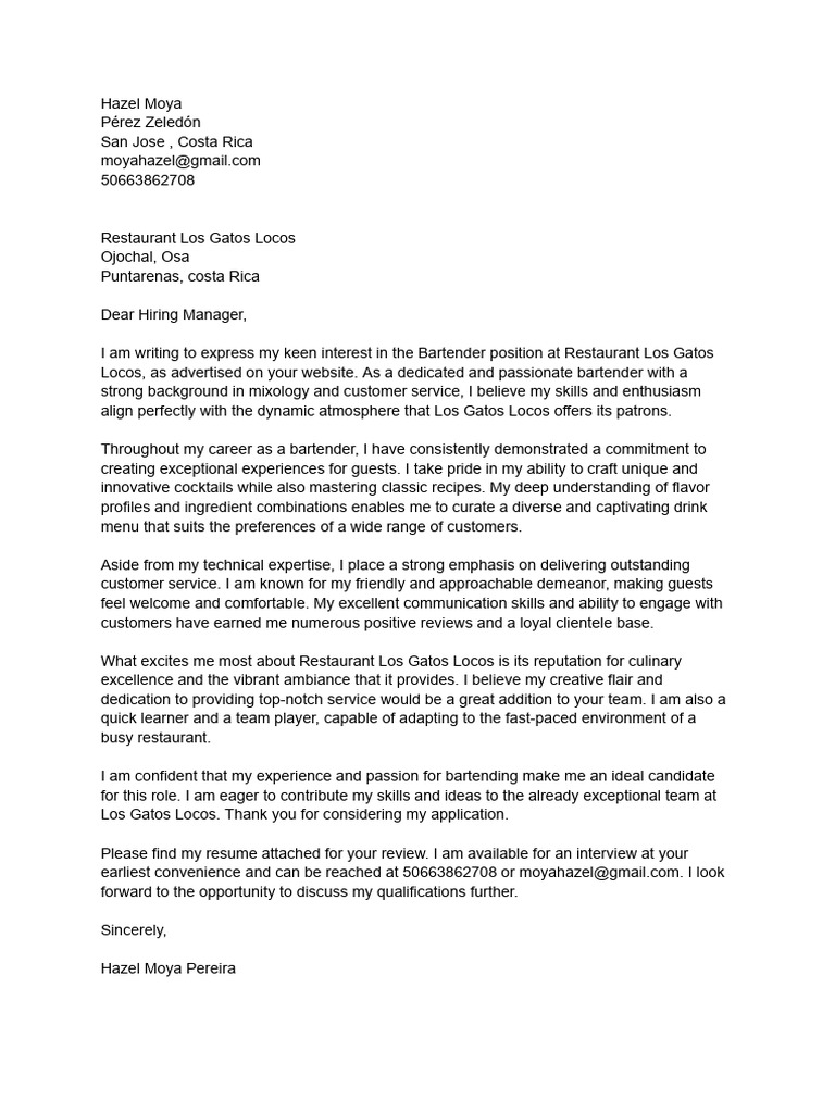 Bartender Application: Hazel Moya | PDF