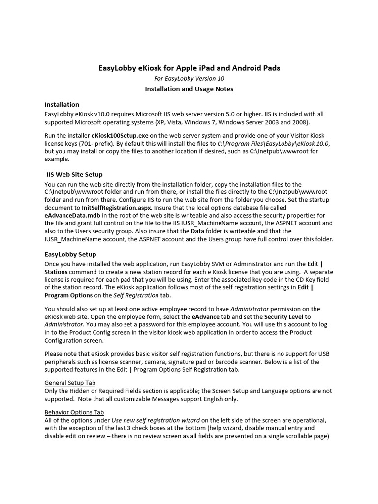 EasyLobby Ekiosk v10 Manual | PDF | Windows Registry | Internet ...
