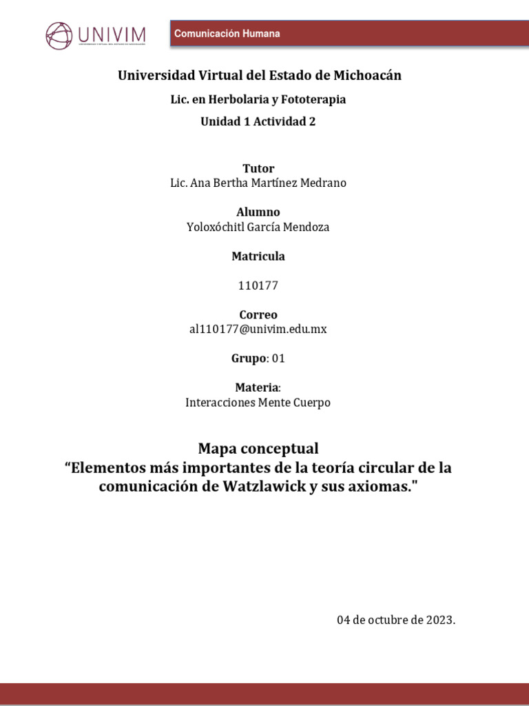 YOLOXOCHITLGARCIA - U1 - ACT2 - La Teoría Circular de La Comunicación de Watzlawick | PDF ...