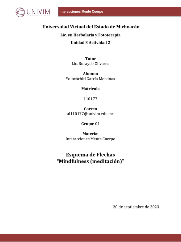 YOLOXOCHITLGARCIA U3 ACT2 Mindfulness | PDF | Atención plena | Meditación