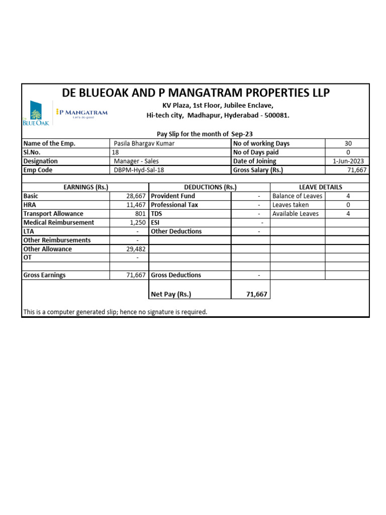 P Bhargav Kumar Sep'23 Payslip | PDF P Bhargav Kumar Sep'23 Payslip | PDF