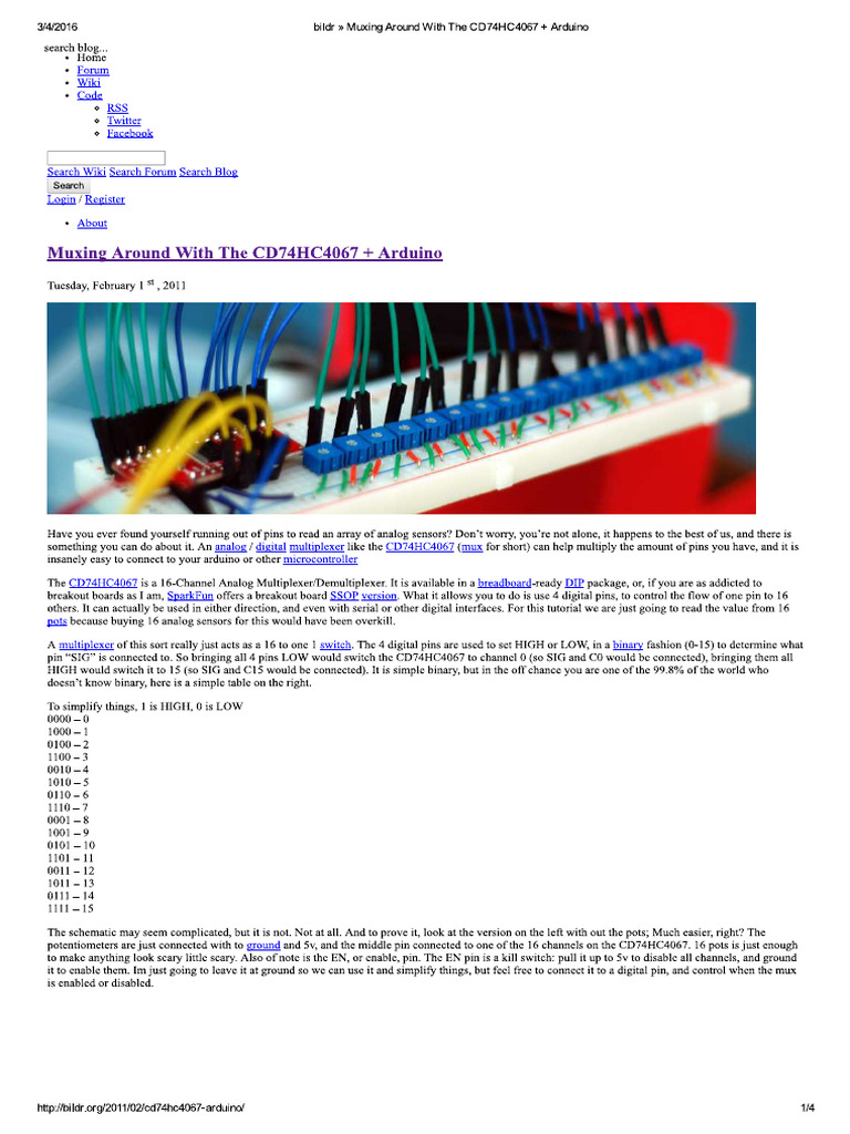 Bildr Muxing Around With The CD74HC4067 + Arduino | PDF
