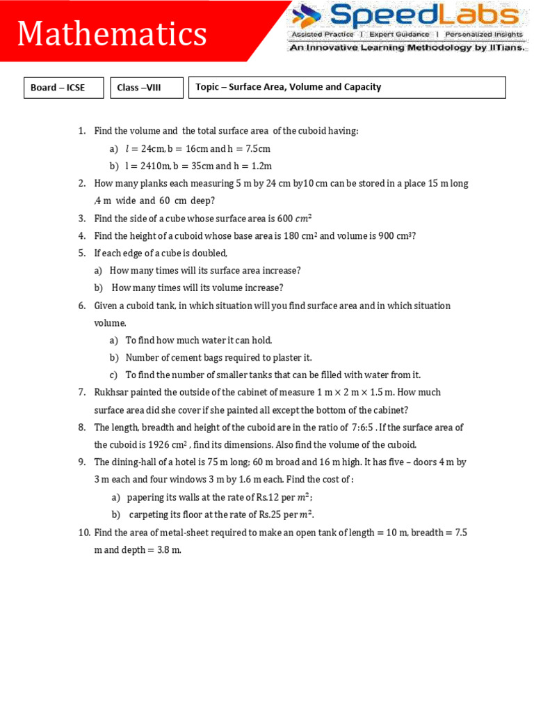 Surface Area Volume and Capacity Cuboid Cube and Cylinder - Important ...