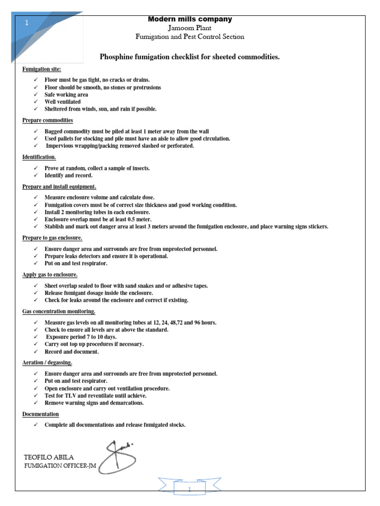 Phosphine Fumigation Checklist Guide | PDF
