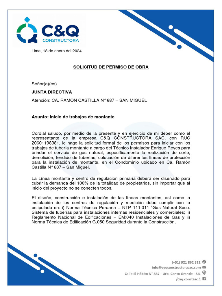 Solicitud de Inicio de Obra - C&Q Constructora Sac | PDF