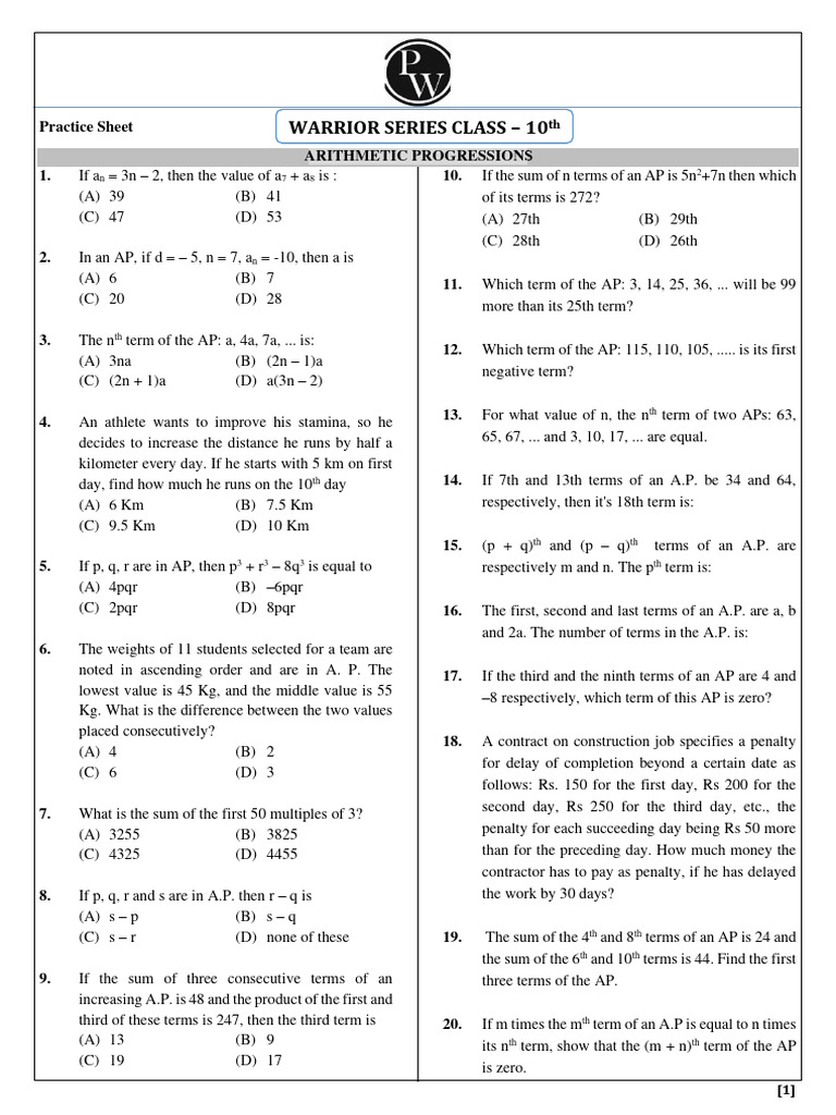 Arithmetic Progressions - Practice Sheet - WARRIOR SERIES CLASS-10TH | PDF | Mathematics