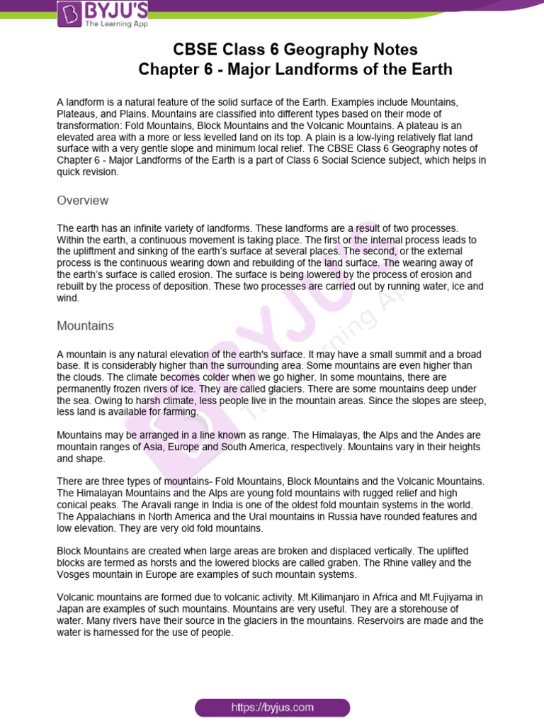 CBSE Class 6 Geography Notes Chapter 6 Major Landforms of The Earth ...