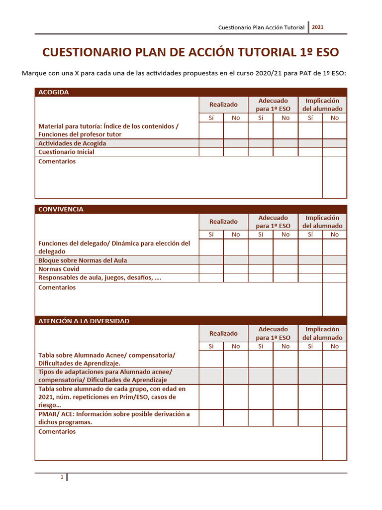 Cuestionario PAT 1º ESO 2021 | PDF | Evaluación | Salón de clases