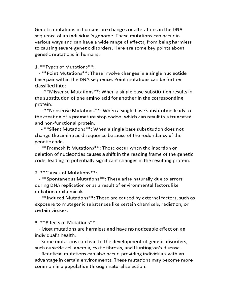 Genetic Mutations in Humans Are Changes or Alterat | PDF | Mutation ...