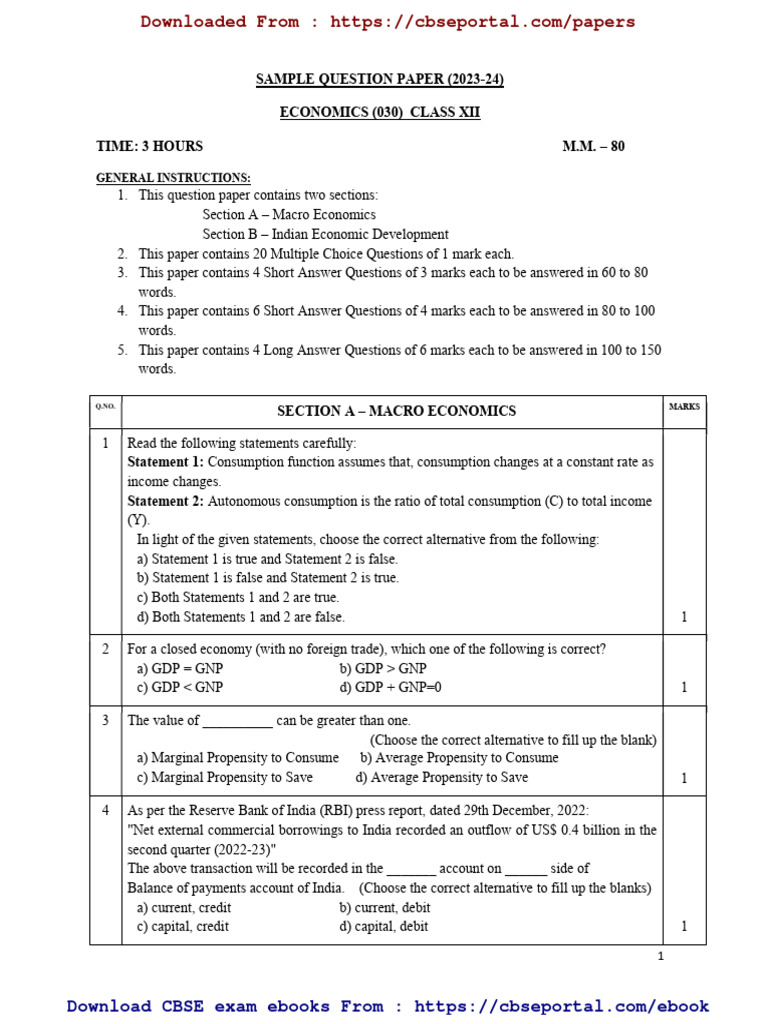 Cbse Class 12 Sample Paper 2023 24 Economics | PDF | Gross Domestic ... Cbse Class 12 Sample Paper 2023 24 Economics | PDF | Gross Domestic ...