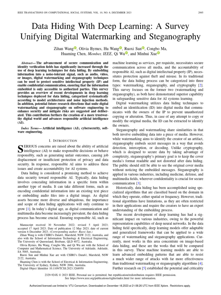 Data Hiding With Deep Learning A Survey Unifying Digital Watermarking and Steganography | PDF ...