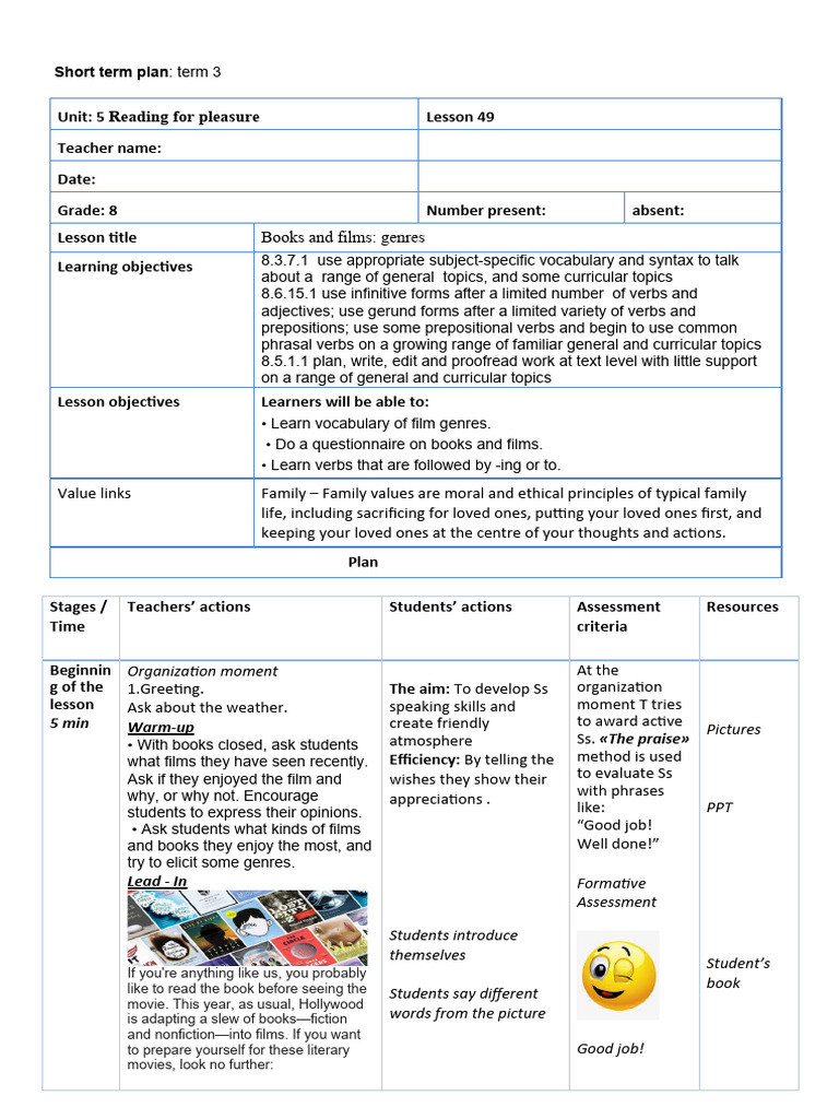 Grade 8 English: Books and Films Unit | PDF | Question | Learning