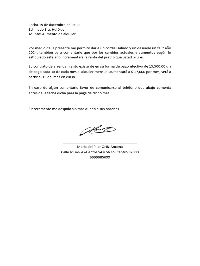 Carta de Aumento de Alquiler | PDF | Alquiler | Documentos legales