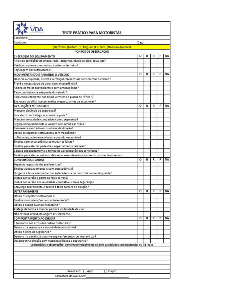 Check List Teste Prático Motorista | PDF | Tráfego | Veículos