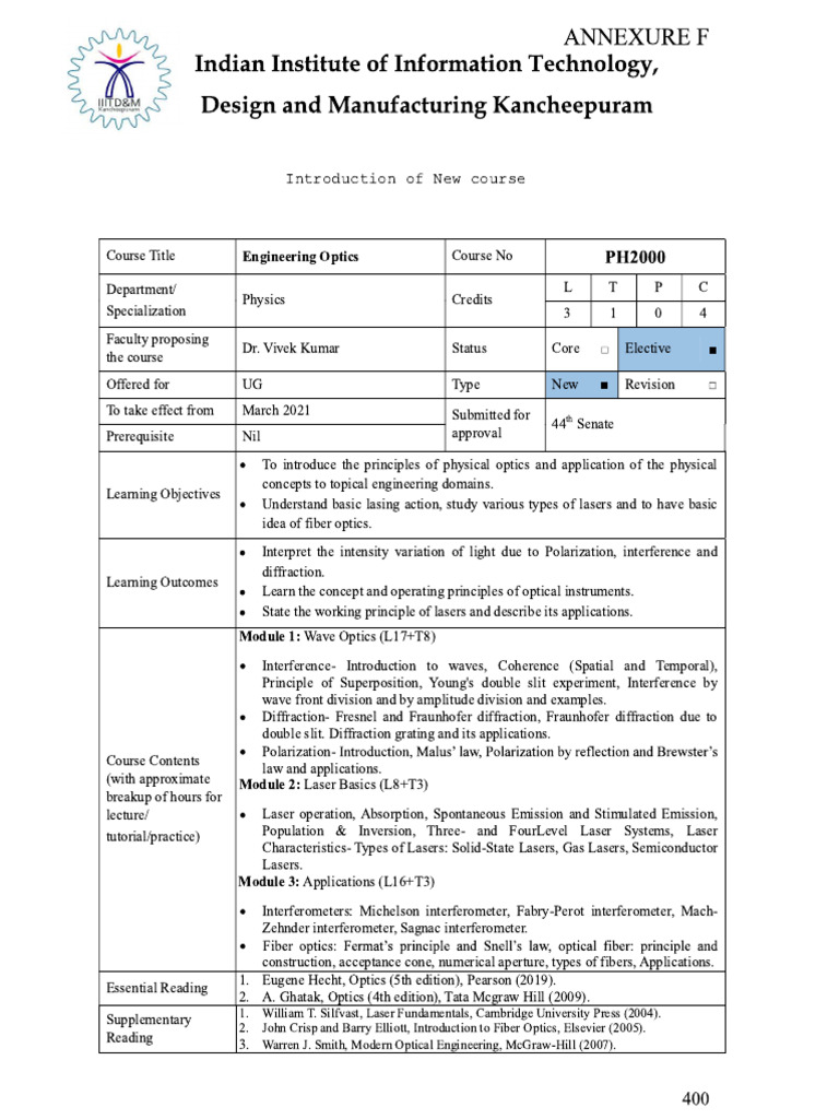 Engineering Optics (4 Credits) | PDF