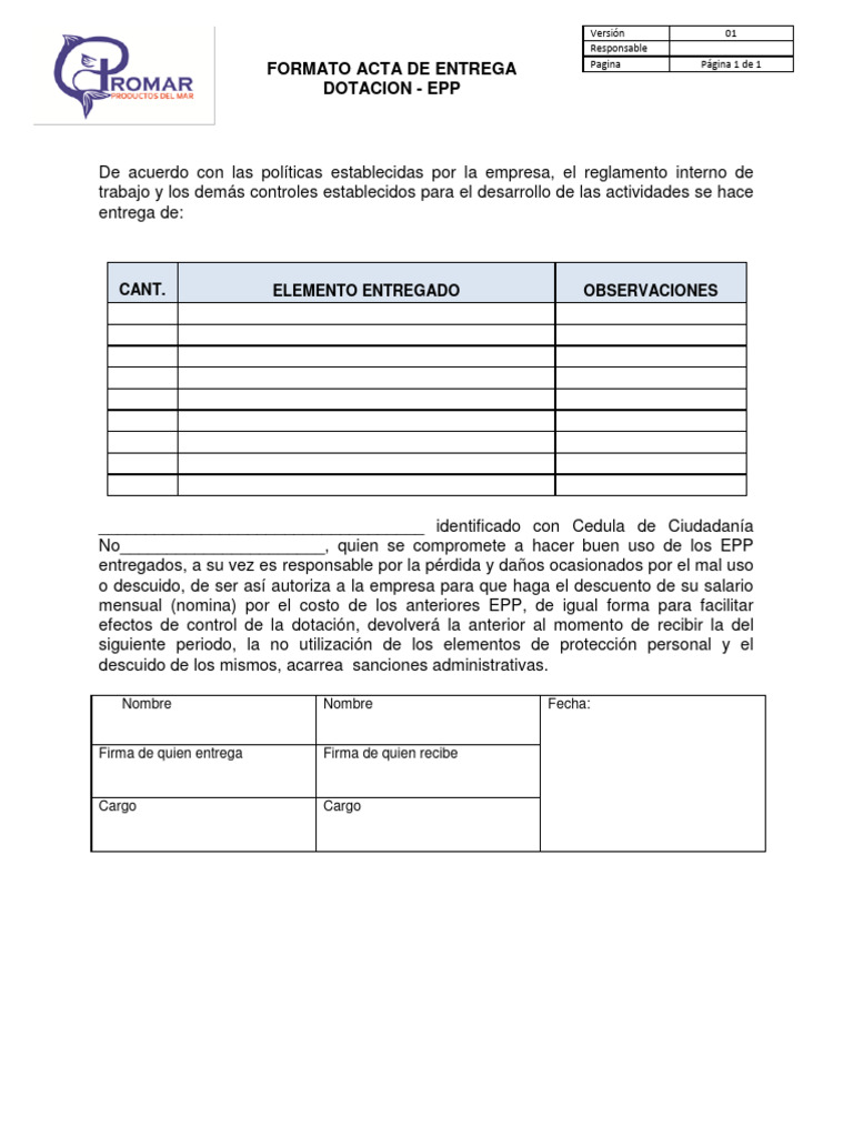 Acta de Entrega Dotacion y Epp PROMAR | PDF