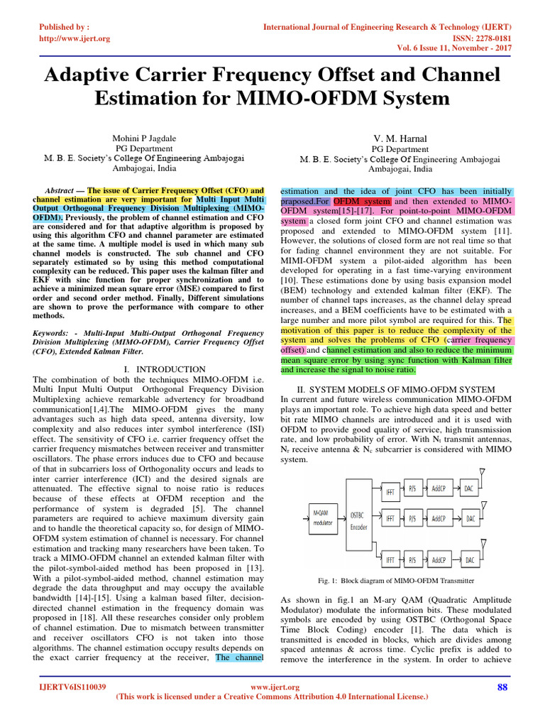 Adaptive Carrier Frequency Offset and Channel Estimation For MIMO-OFDM System Paper 2 | PDF ...