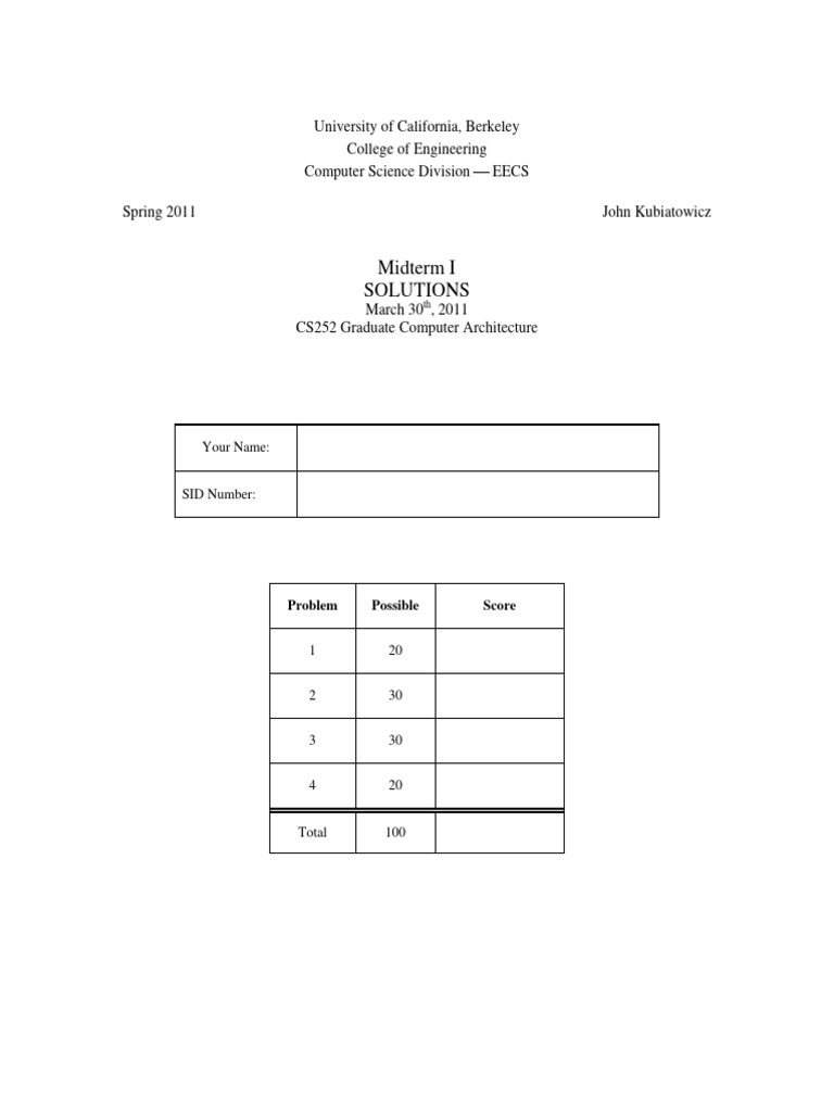 Sp11-Quiz1 Soln | PDF | Cpu Cache | Central Processing Unit