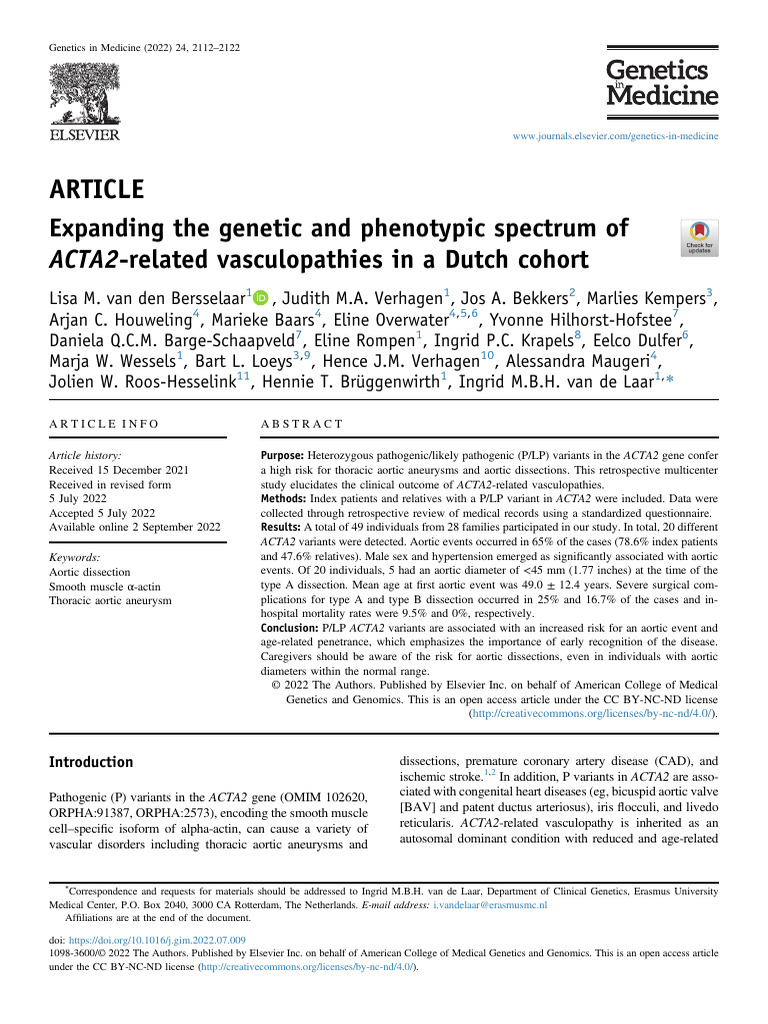 Expanding The Genetic and Phenotypic Spectrum of ACTA2 Rel - 2022 ...