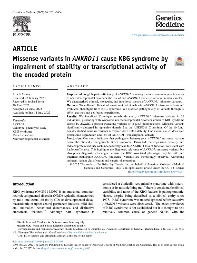 Missense Variants in ANKRD11 Cause KBG Syndrome by Impairment - 2022 ...