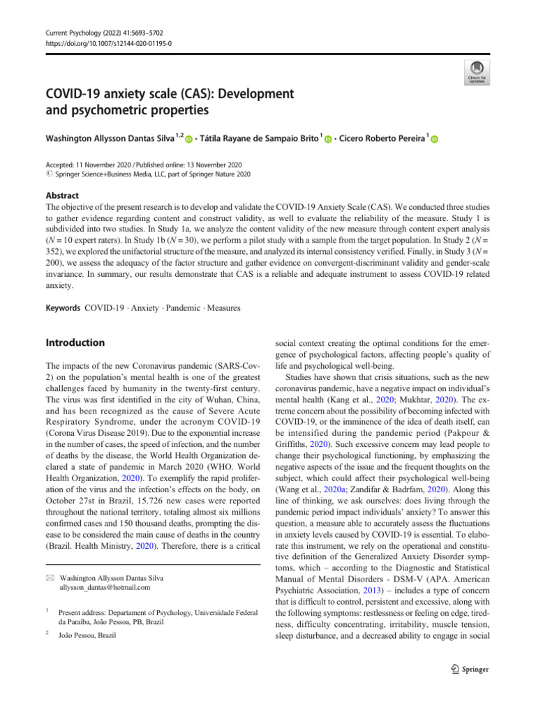 COVID-19 Anxiety Scale (CAS) : Development and Psychometric Properties | Download Free PDF ...