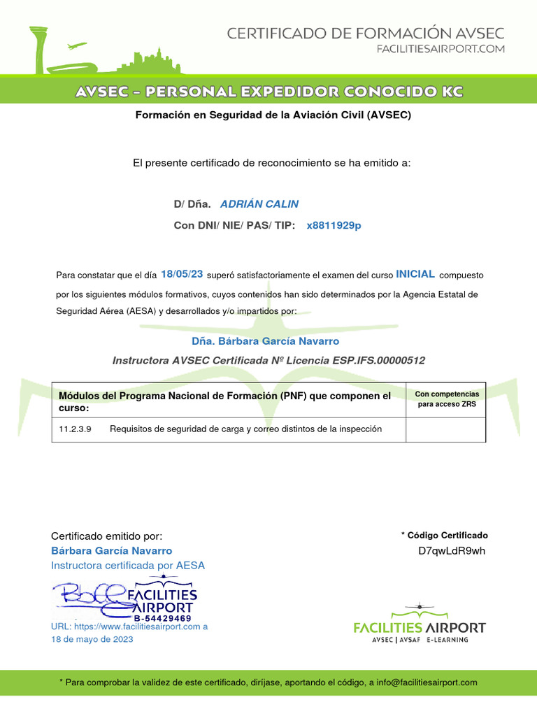 Certificado Avsec 11.2.3.9 PNFKC | PDF